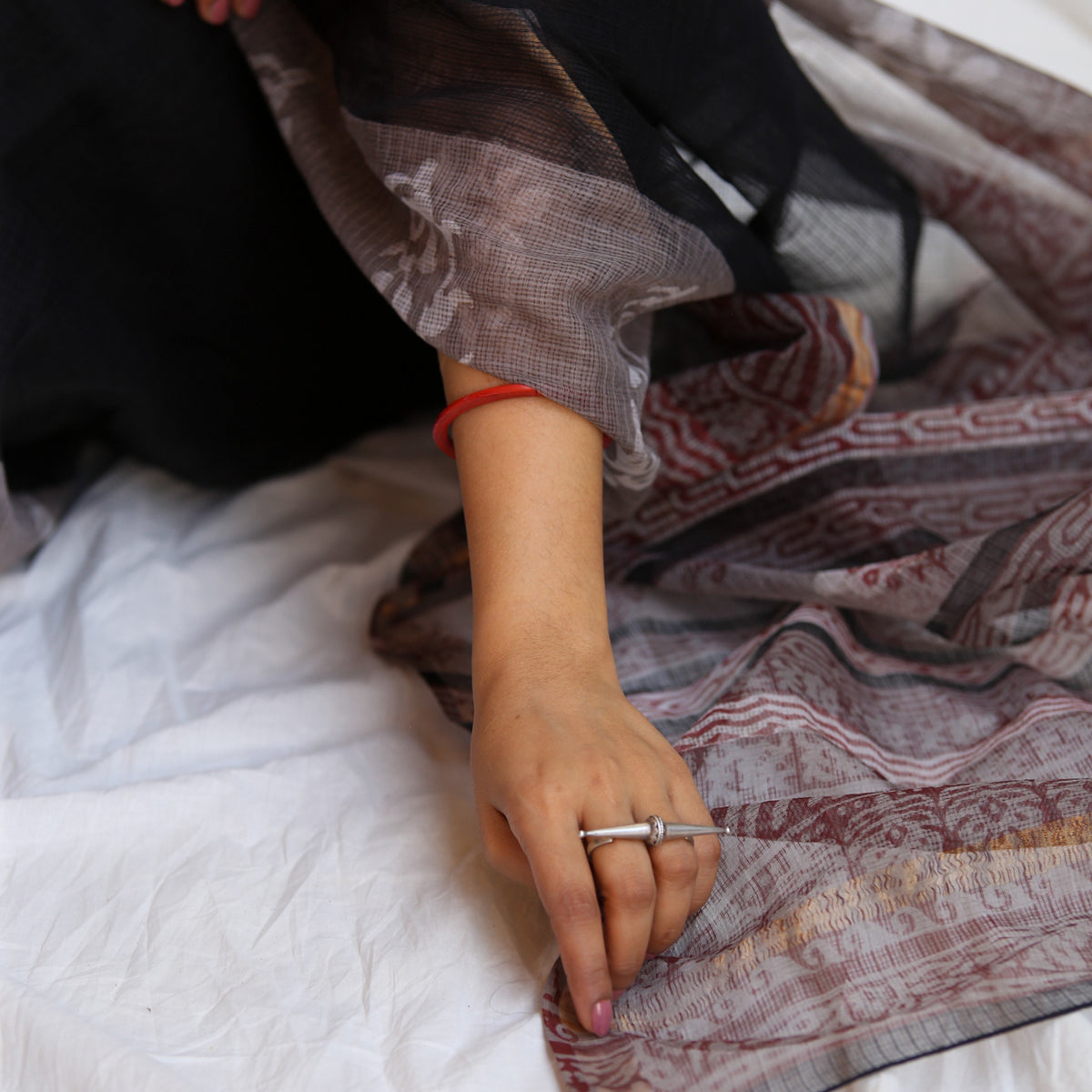 Tamisra : Black Cotton Kota Doria Saree with Madder Pallu (Dabu & Bagr ...