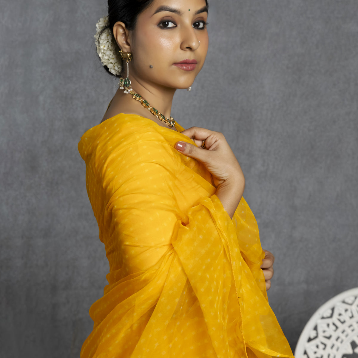 Yellow Mothra (Double Lehriya) Saree – Gray and Green Store