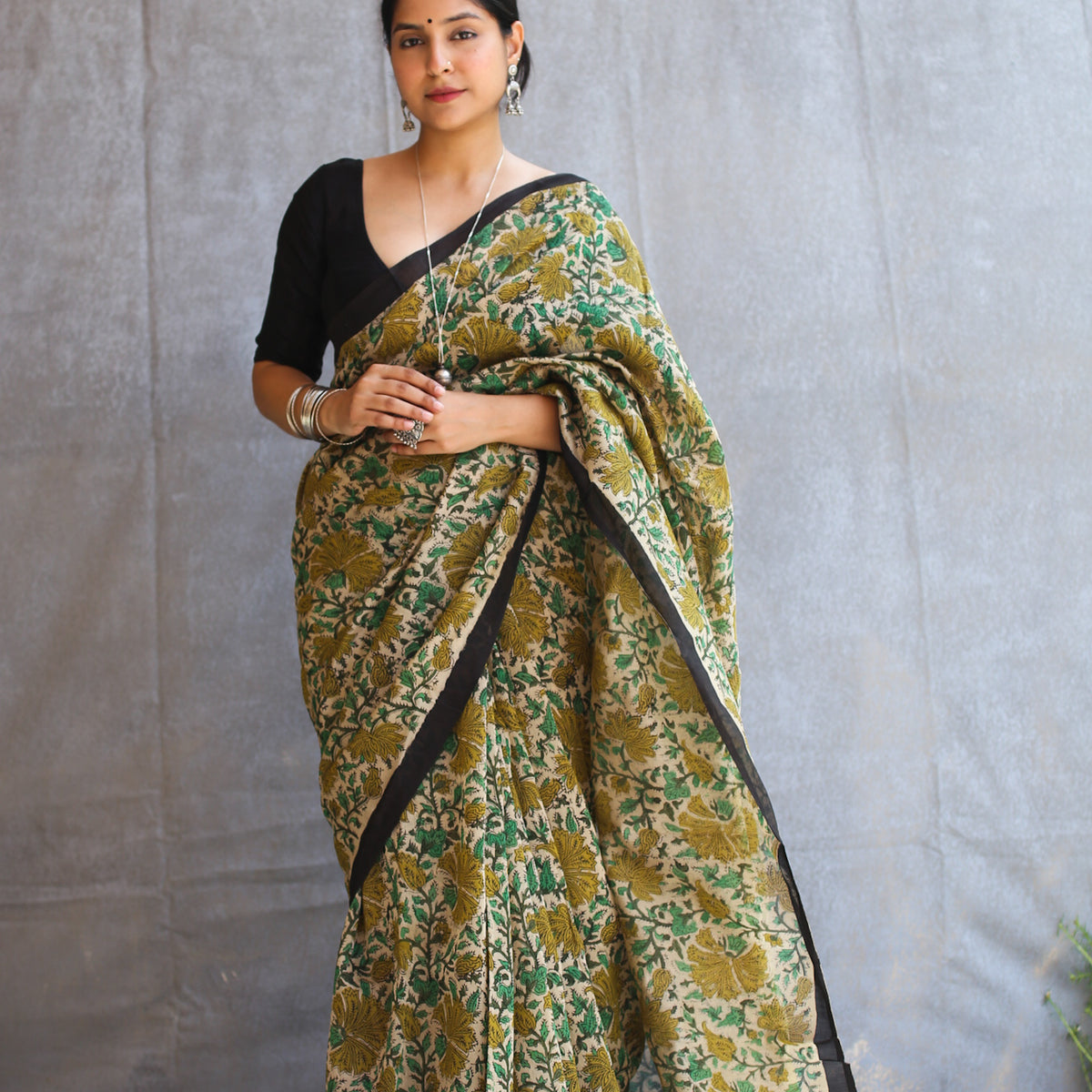Morpankhi : Blockprint Saree – Gray and Green Store
