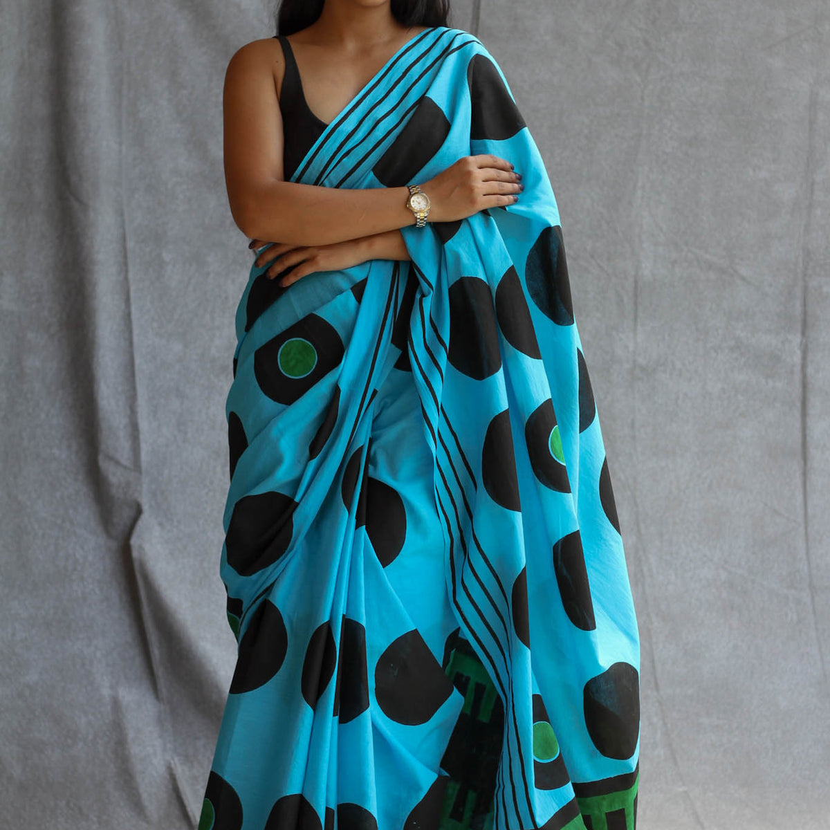 Sky Blue Black Block Print Saree – Gray and Green Store