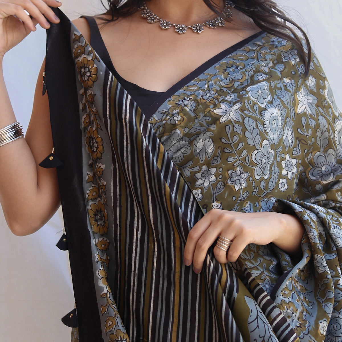 Moongiya : Floral Handblock Green Modal Silk Saree – Gray and Green Store