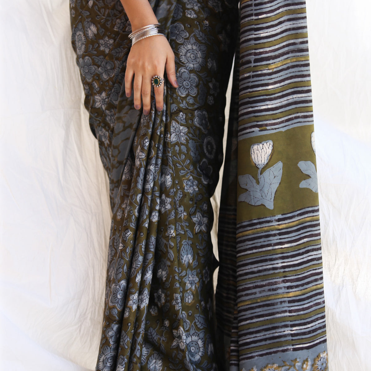 Moongiya : Floral Handblock Green Modal Silk Saree – Gray and Green Store