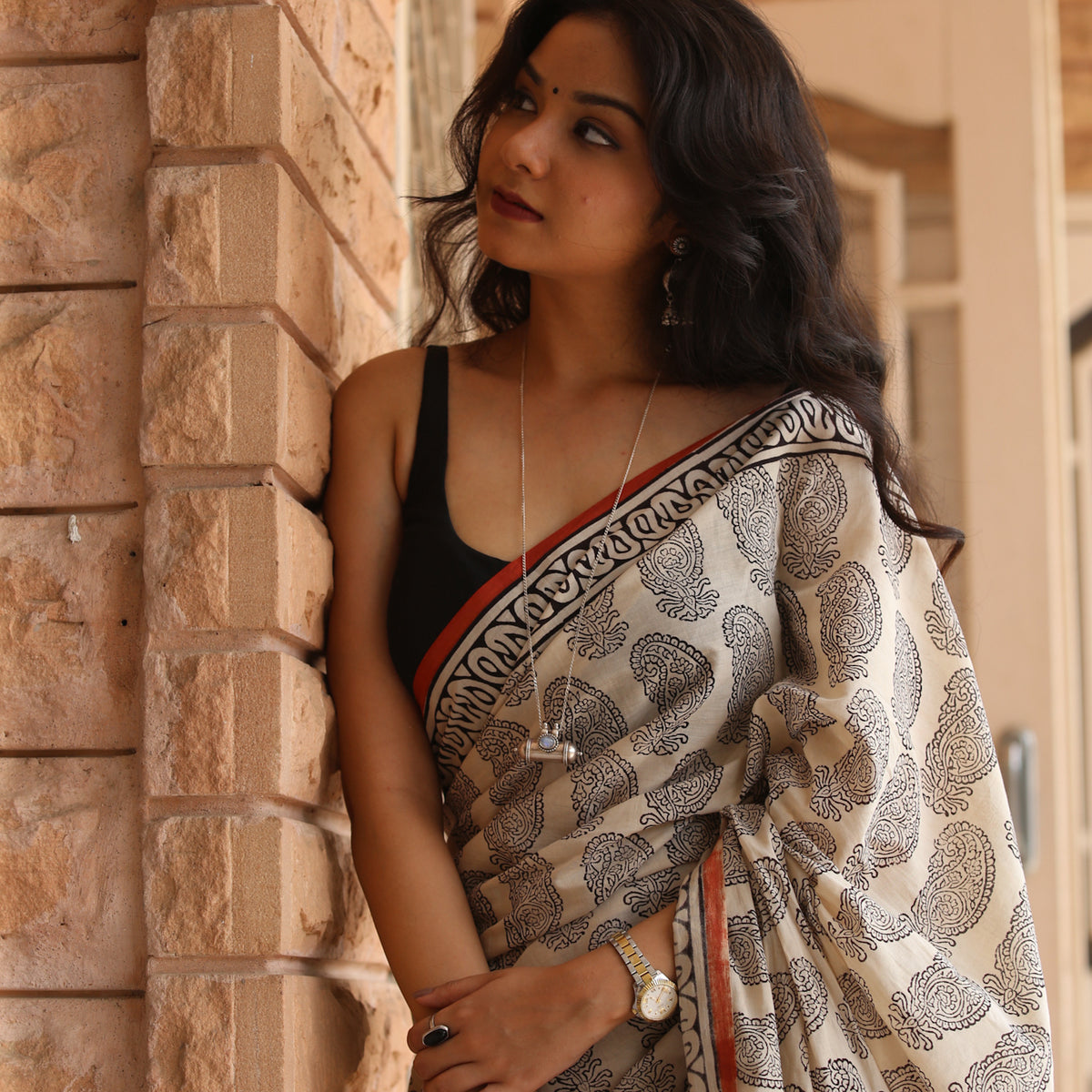 Dust Wears a Pattern: Black Ambi Bagru Handblock Ivory Cotton Saree ...