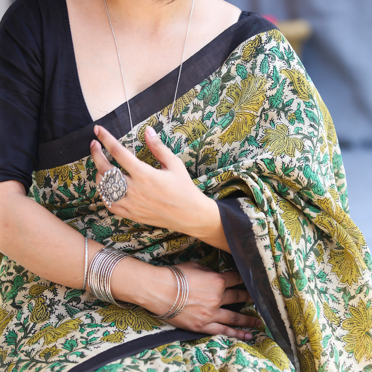 Morpankhi : Blockprint Saree – Gray and Green Store