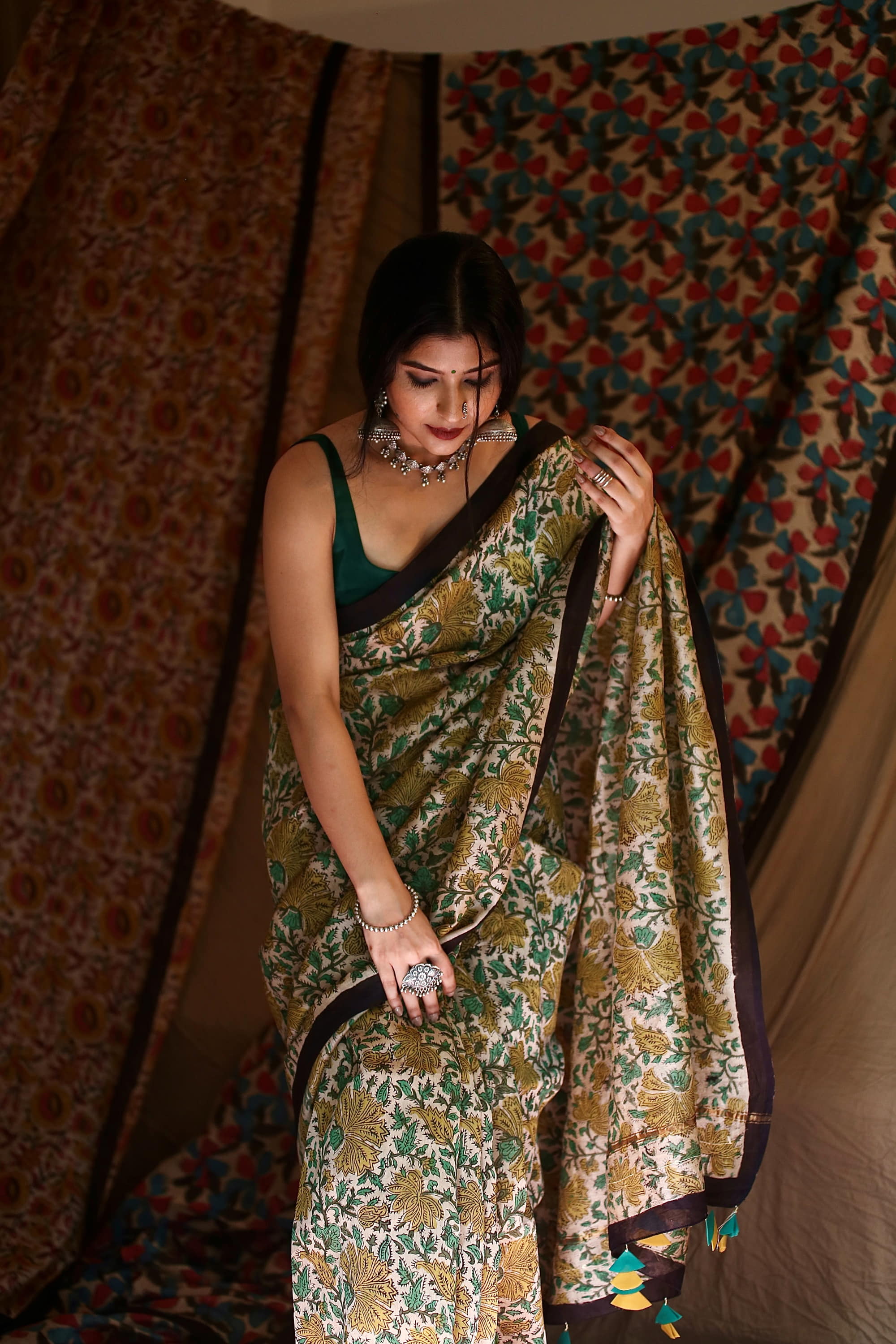 Morpankhi : Blockprint Saree – Gray and Green Store